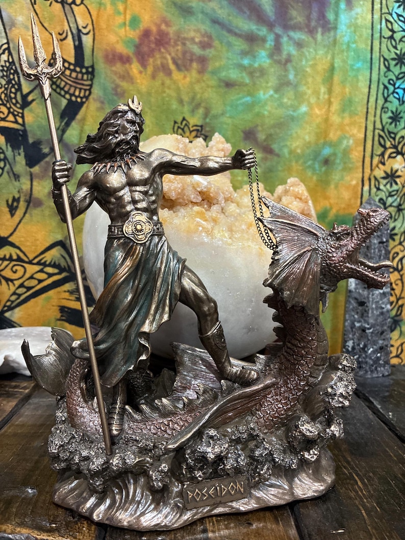 Poseidon Statue | Bronze-tone Greek God With Trident & Sea Serpent - Etsy