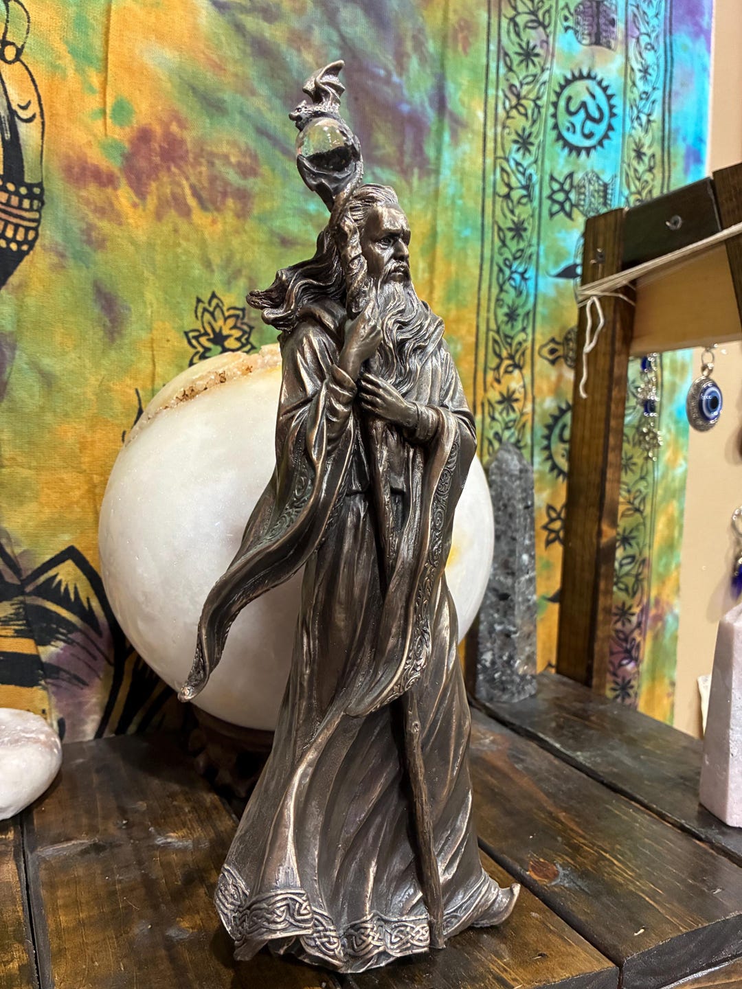 Merlin Statue | Bronze Finish Wizard With Dragon Crystal Ball Staff - Etsy