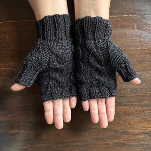 Hand-knitted Fingerless Wool Mittens: Black Cable Knit Warmers - Etsy