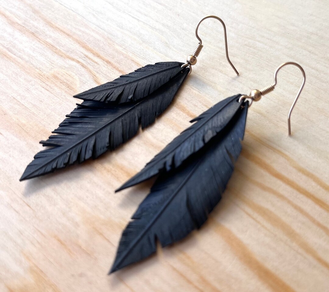 Black Faux Leather | Upcycled Rubber Feather Earrings | Witchy Earrings ...