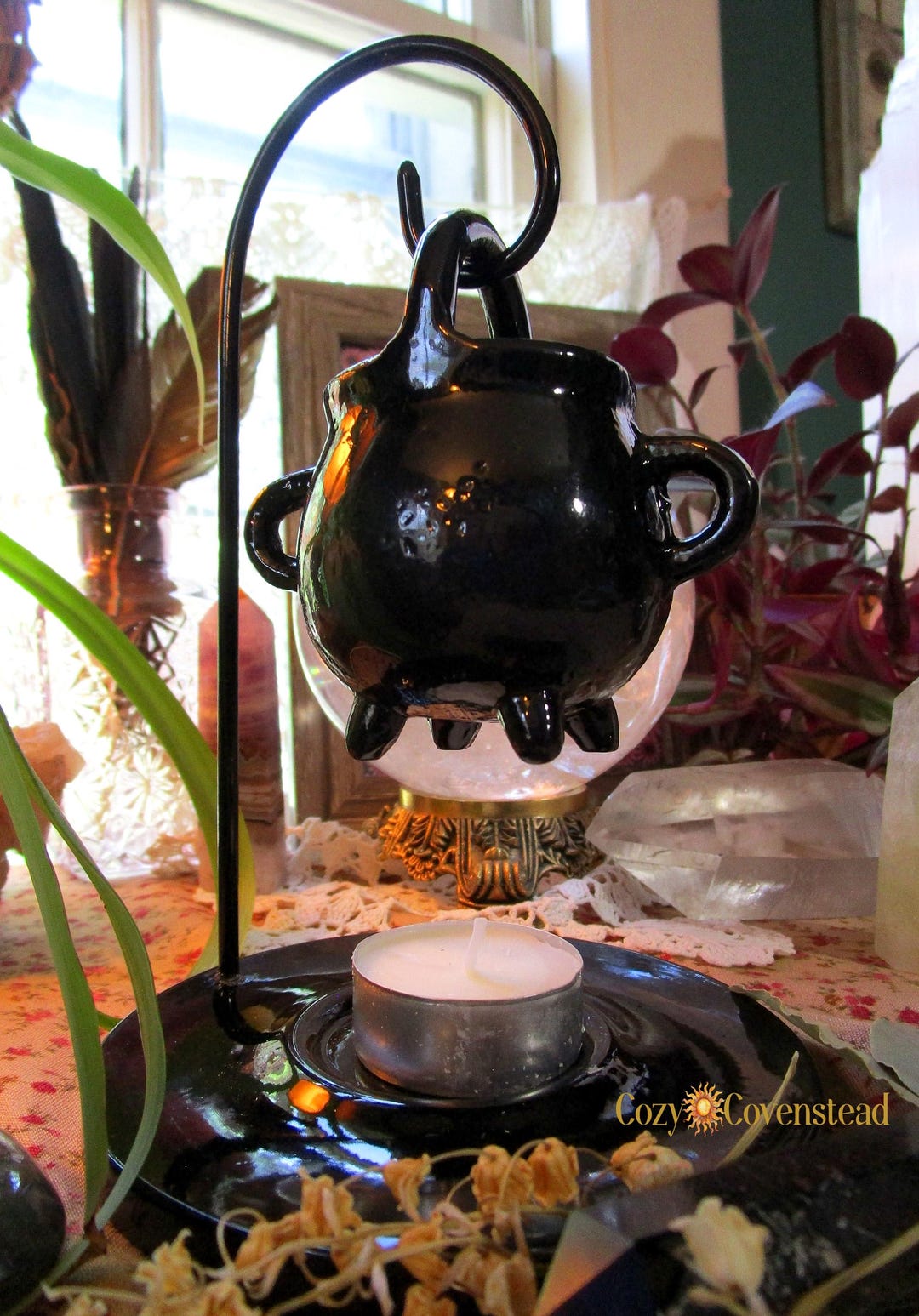 Hanging Black Mini Cauldron Set W/ Stand | Tealight Candle Oil Diffuser ...