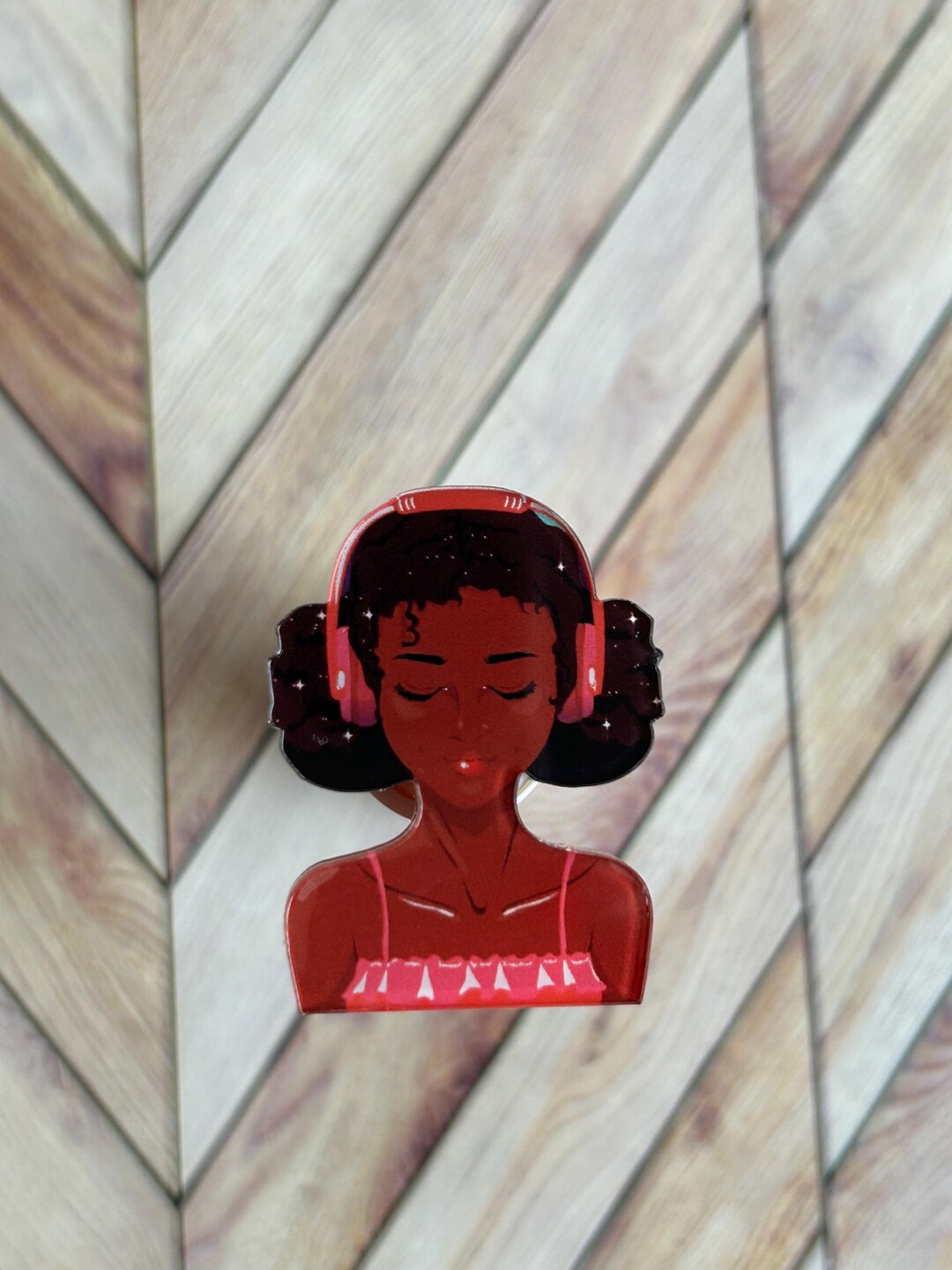 African American Woman \w Head Phones| Acrylic Pin| Melanin Pin| Black ...