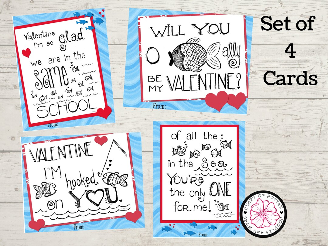 Fish Themed Valentine Cards Set of 4 an Ofishally Fun Valentine ...