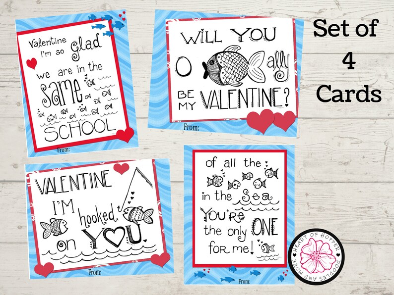 Fish Themed Valentine Cards Set of 4 an Ofishally Fun Valentine ...