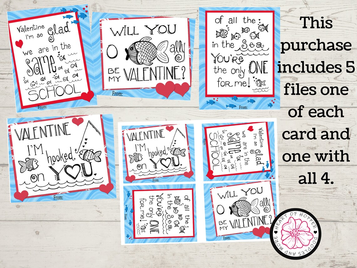 Fish Themed Valentine Cards Set of 4 an Ofishally Fun Valentine ...