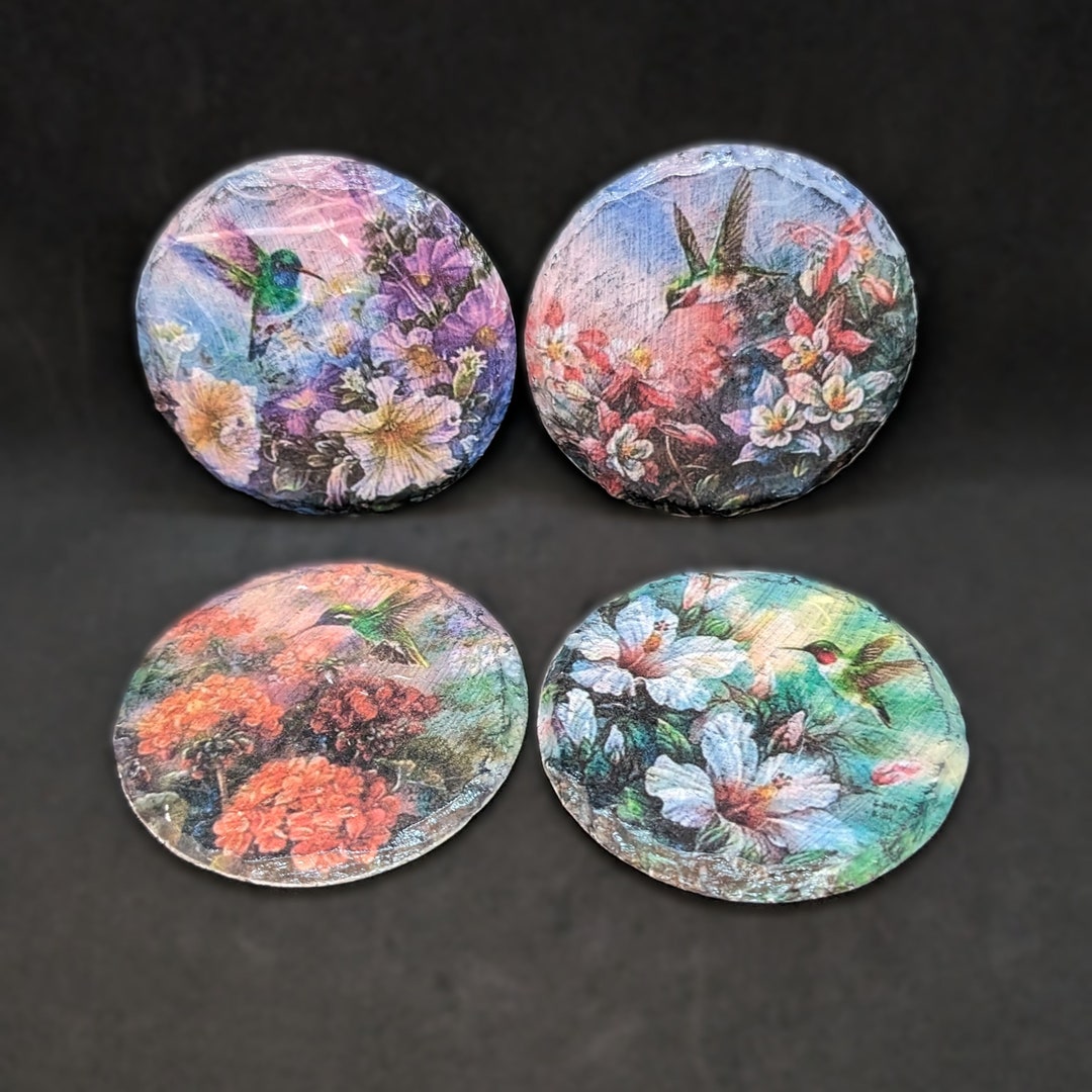 Set of Four, Decoupage, Handcrafted, Hummingbird and Flowers Slate ...