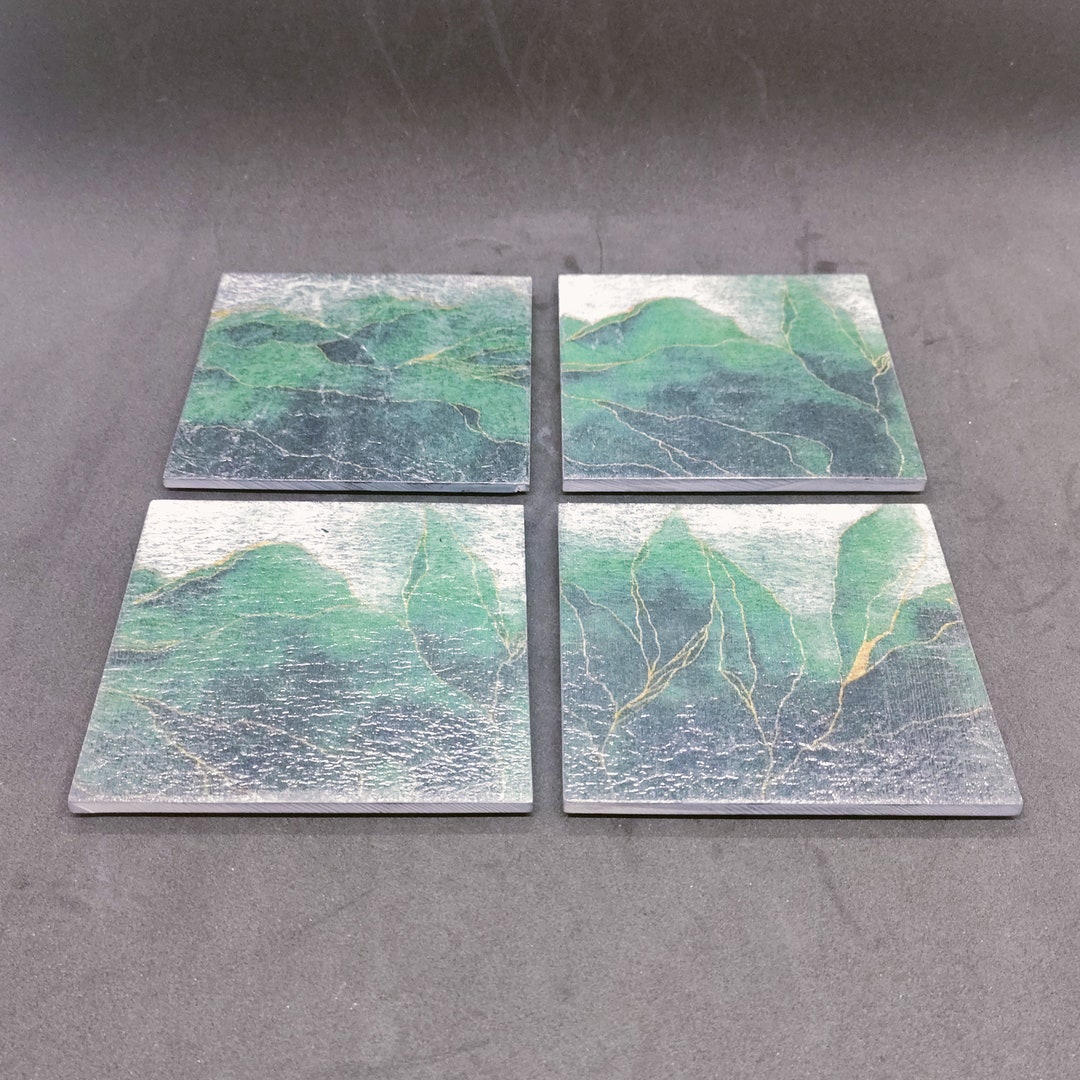Handcrafted Decoupage Set of Four Slate Coaster With a Black Green ...