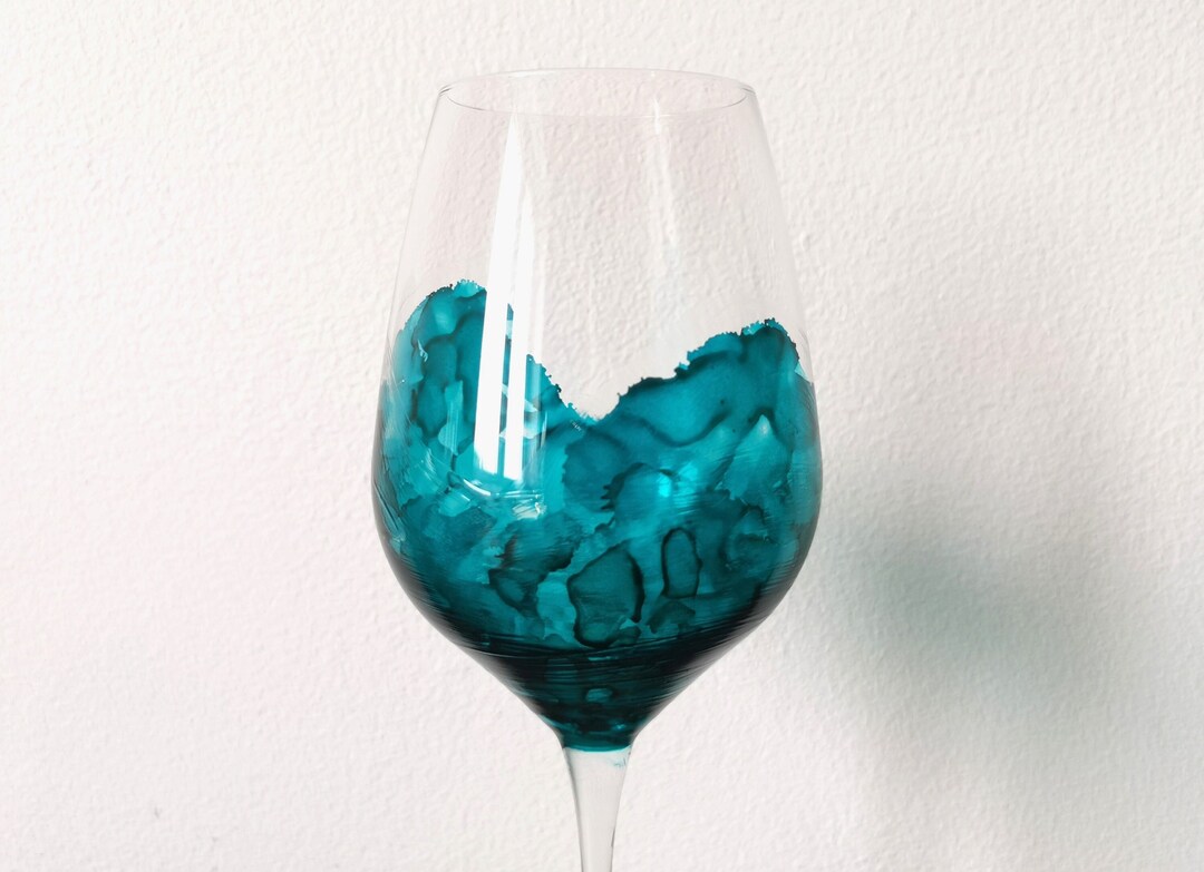 Stemmed Wine Glass - Teal, Cyan and Black - Hand Painted Medium Size - Etsy