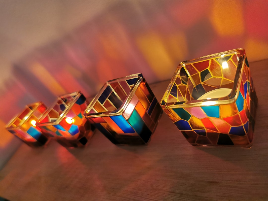 Handmade Stained Glass Style Cube Tealight Holder - Two Size Option - Etsy
