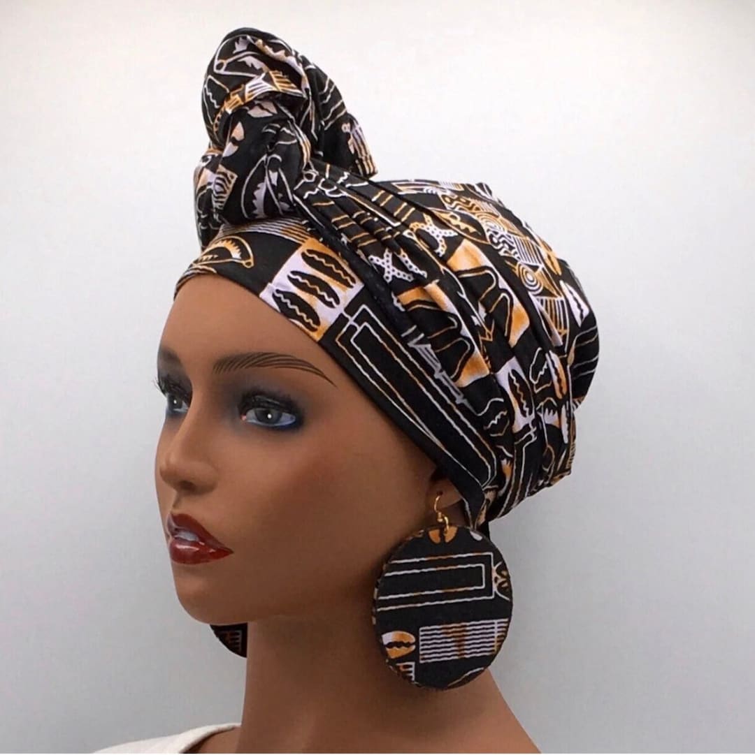 Black & Beige African Head Wrap - African Scarf - African Turban - Head ...