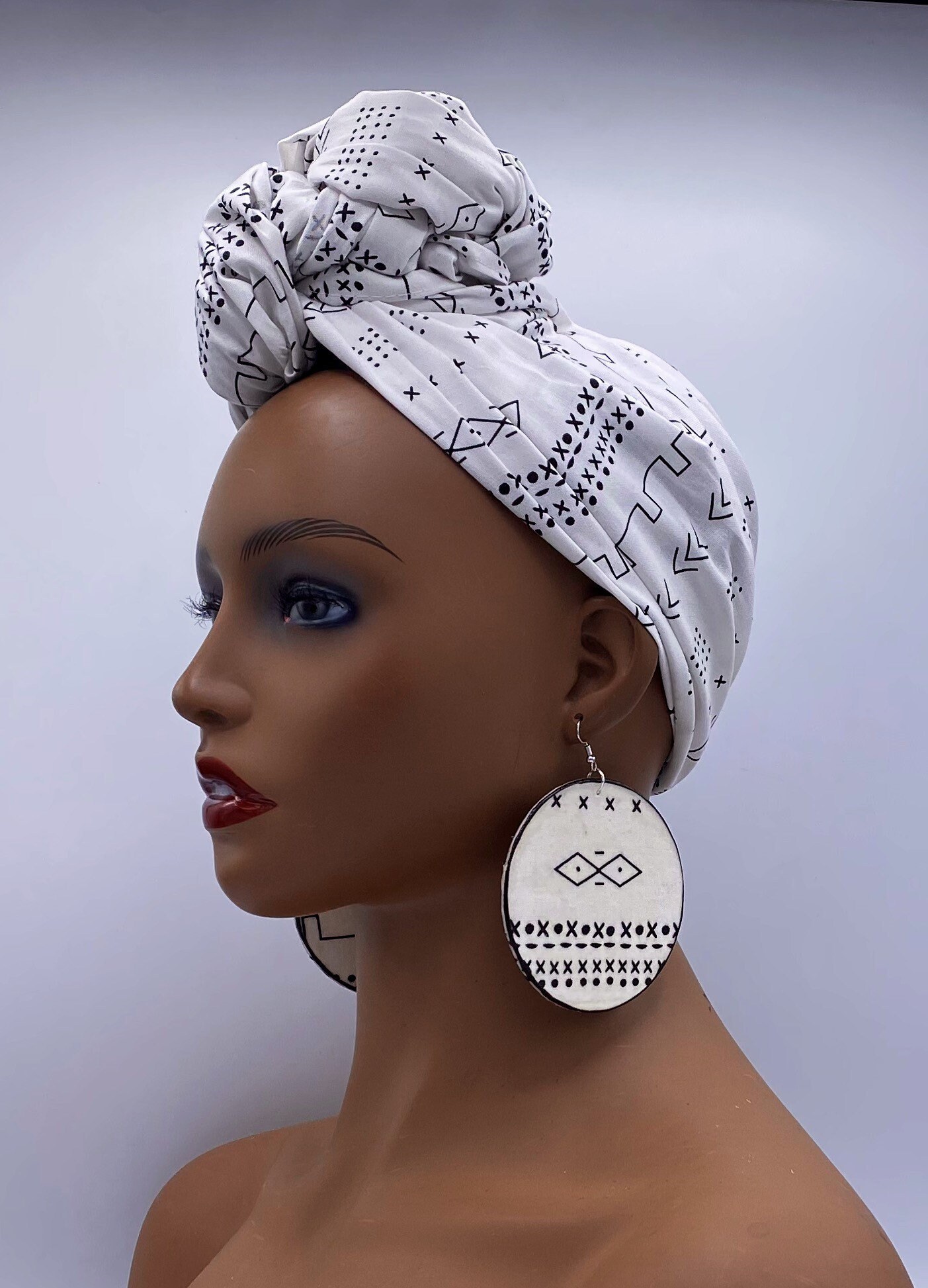 White & Black Mud Cloth Print Head Wrap