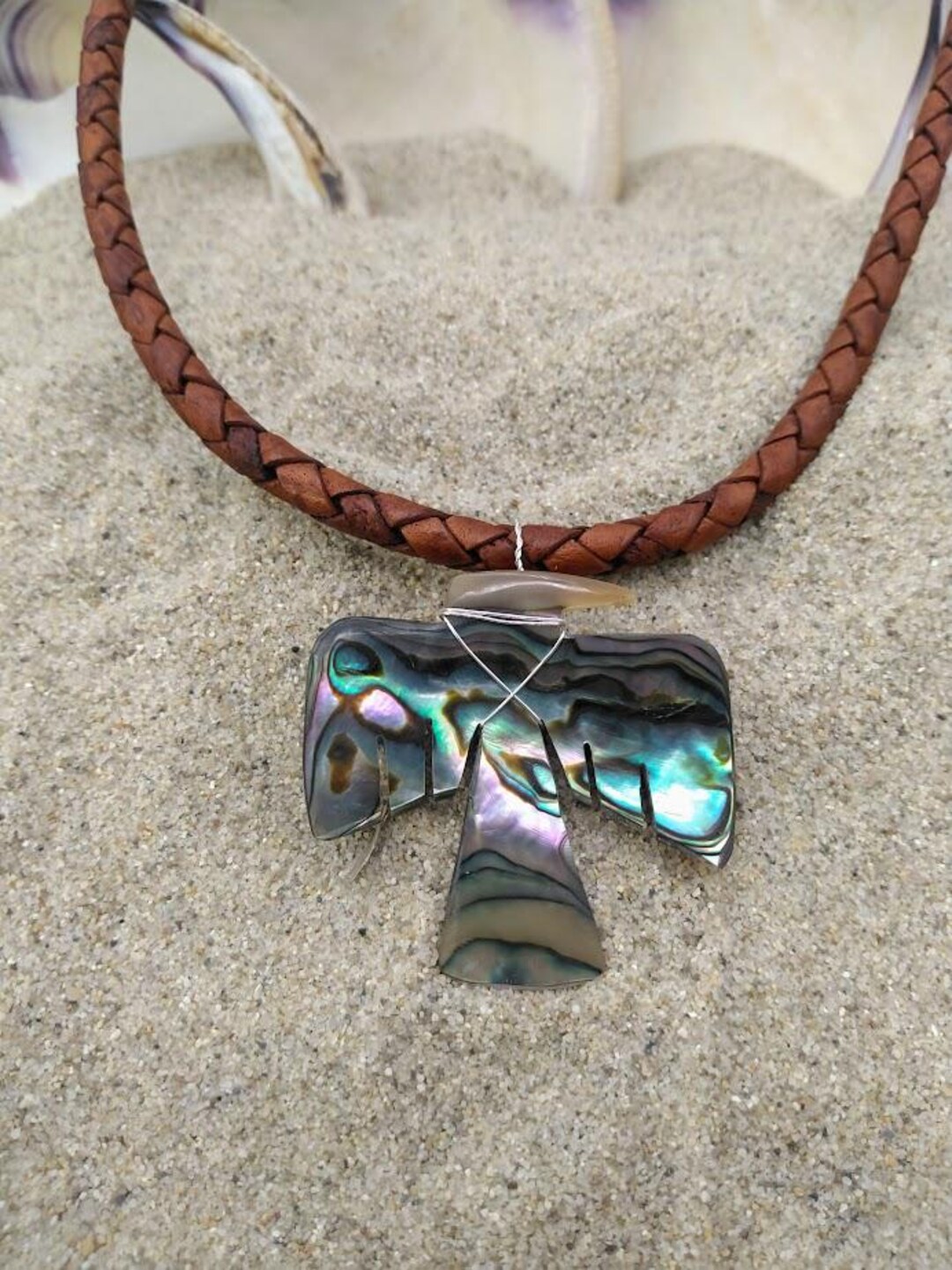Hand Carved Abalone Shell Thunder Bird Pendant on Braided Leather ...