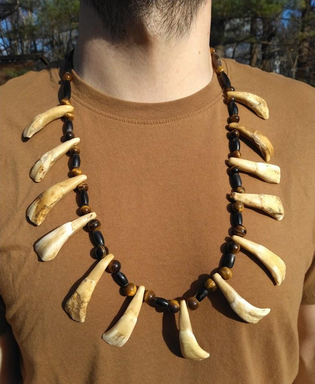 Hand Made Buffalo Tooth Necklace W/ Buffalo Horn Hairpipe and Tiger's ...