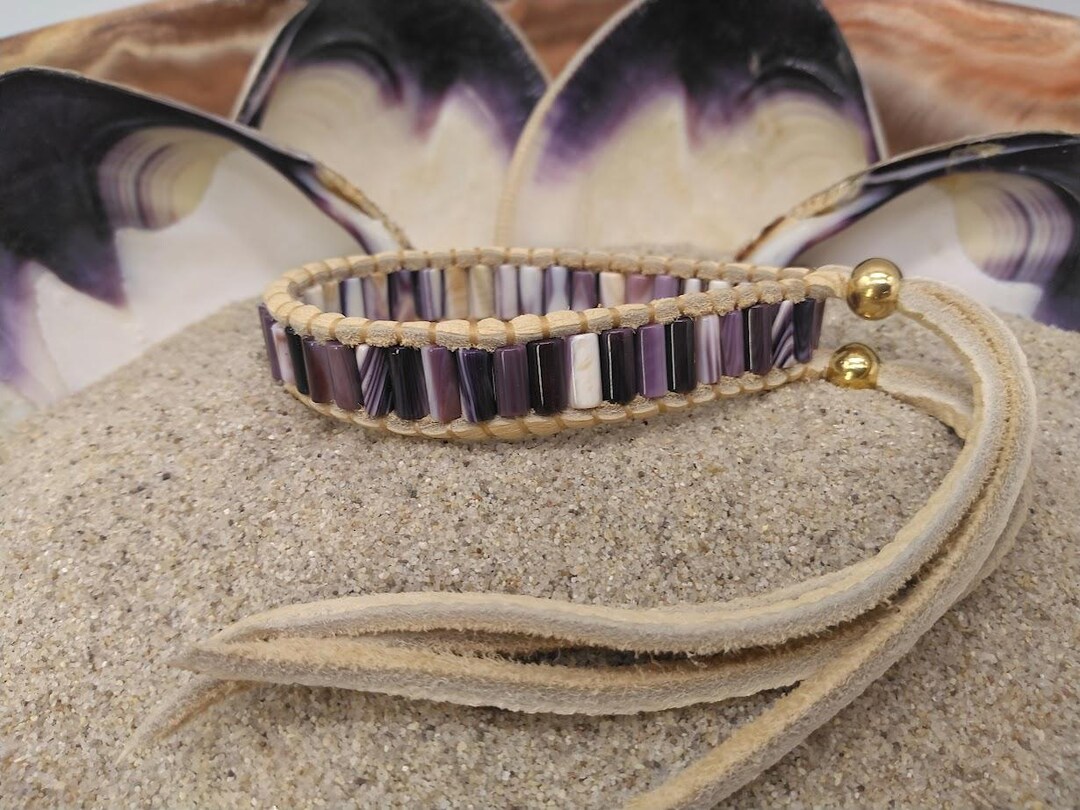 Massachusetts Quahog Wampum Tube Bead Bracelet on Moose Leather W ...