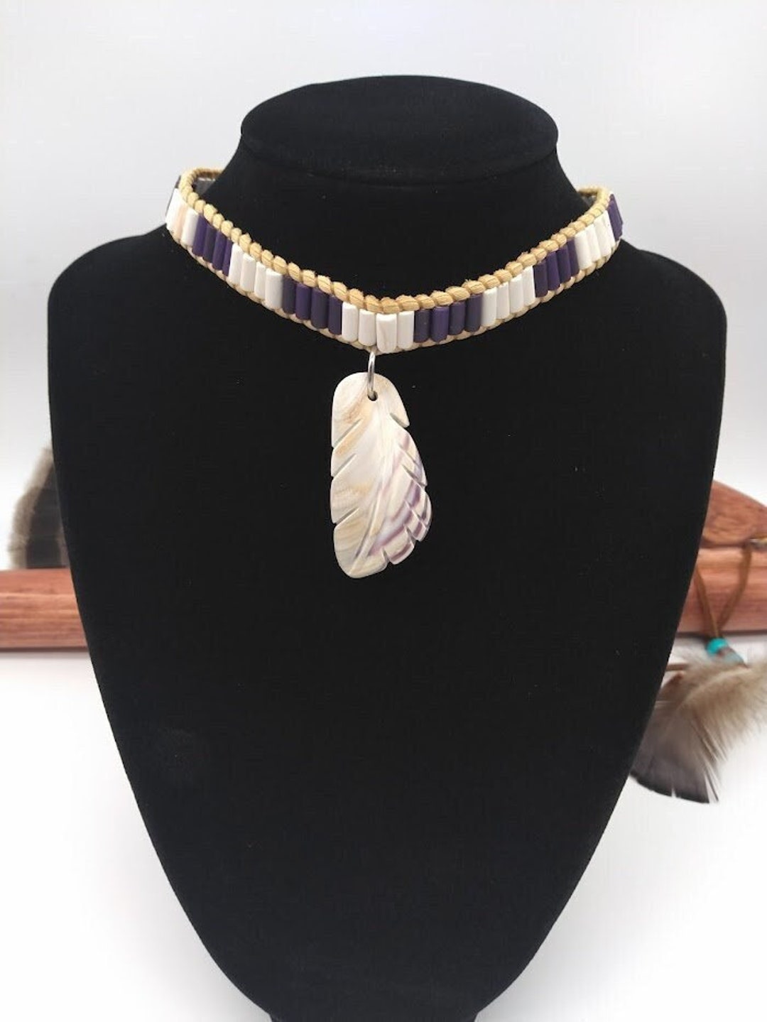 Purple and White Clay Wampum Choker With Genuine Quahog Wampum Feather ...