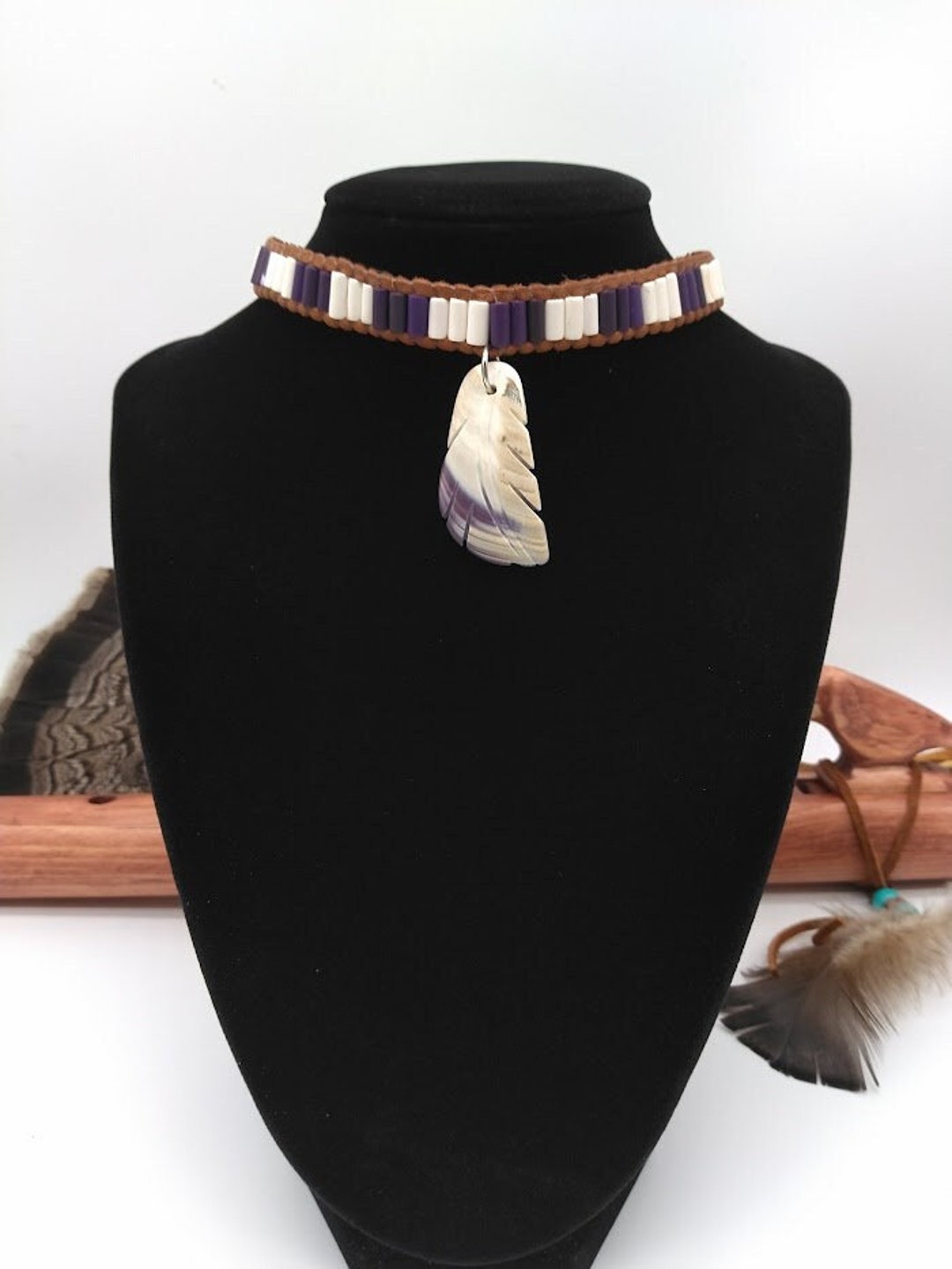 Purple and White Clay Wampum Choker With Genuine Quahog Wampum Feather ...