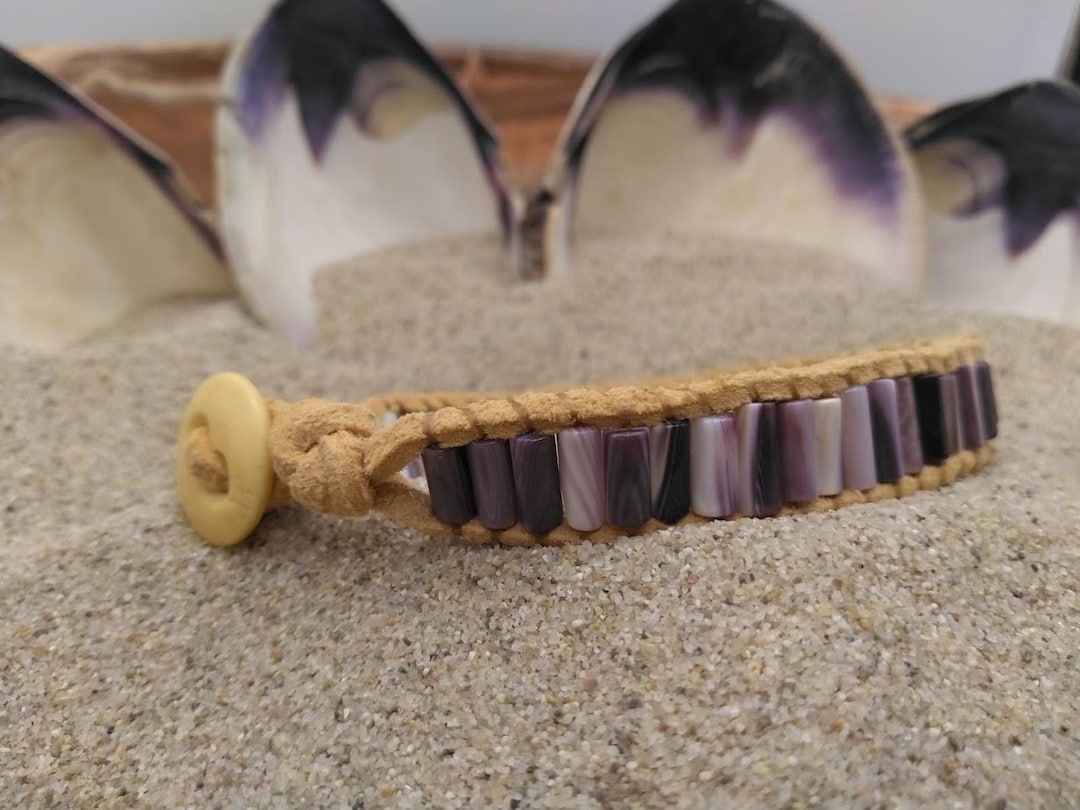 Rhode Island Quahog Wampum Tube Bead Bracelet W/ Civil War Era Cow Bone ...