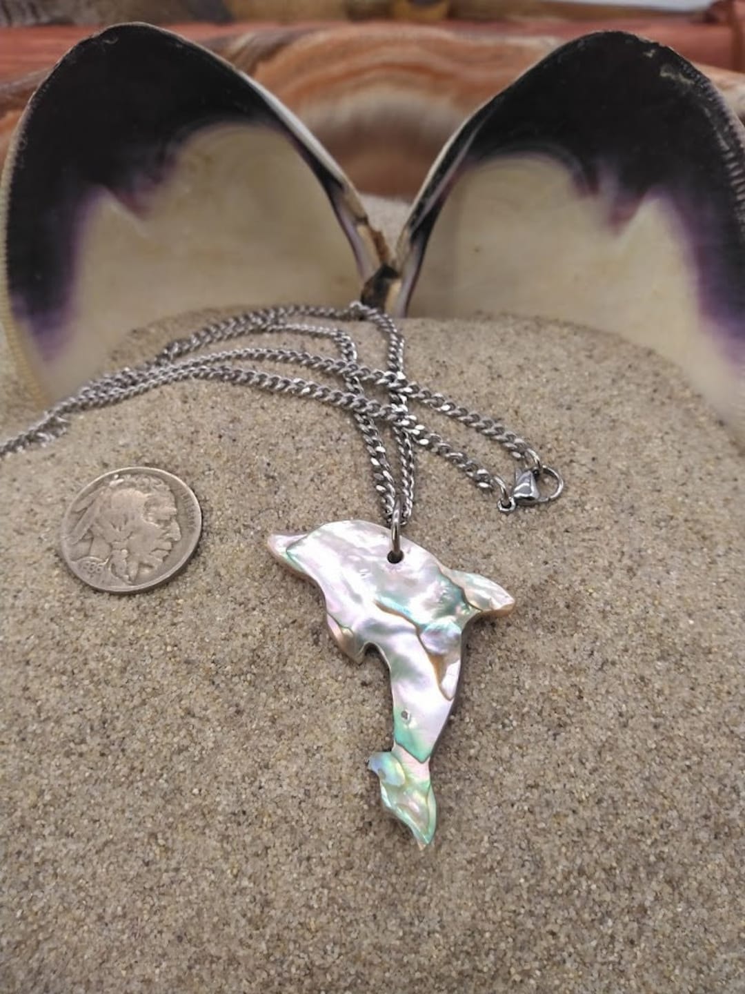 Hand Carved Genuine Abalone Dolphin Pendant on 22" Stainless Steel ...