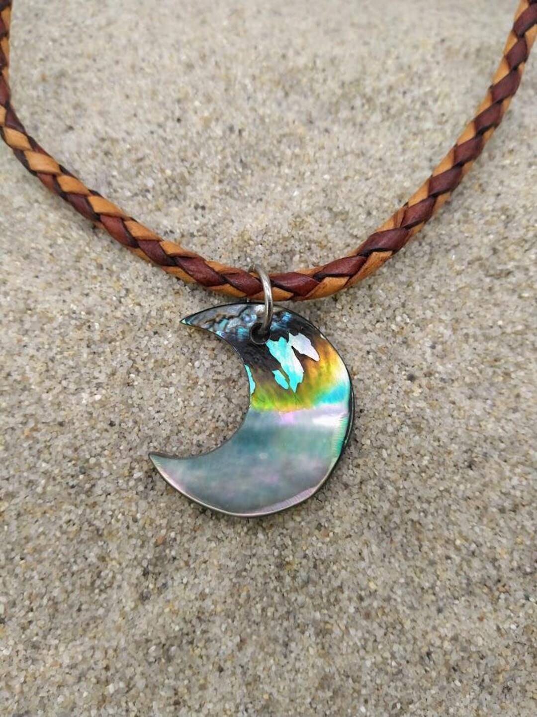 Hand Carved Abalone Shell Double Sided Crescent Moon Pendant on Braided ...