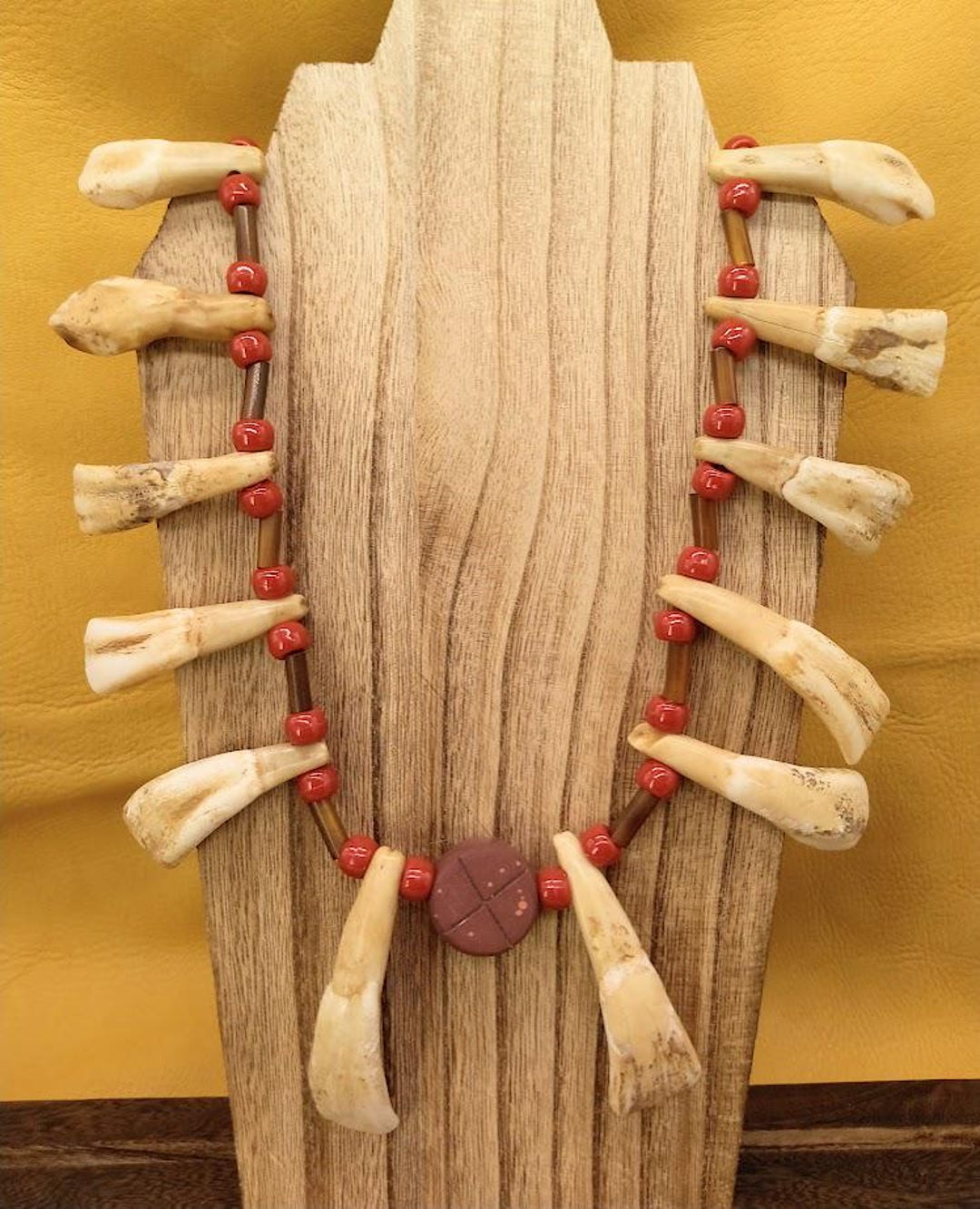 Hand Made Buffalo Tooth Necklace W/ Buffalo Bone Hairpipe and Catlinite ...