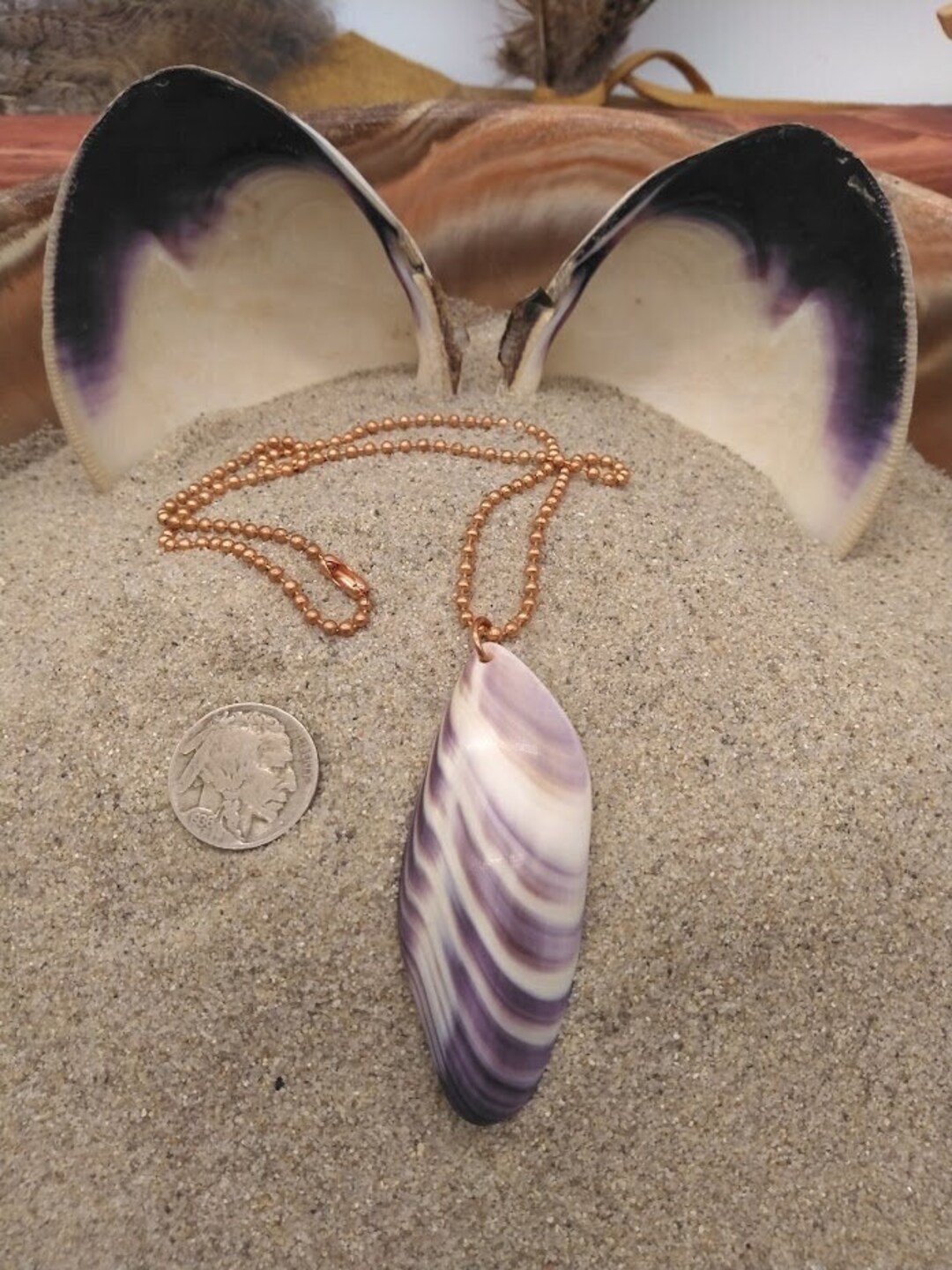 Hand Carved Massachusetts Genuine Quahog Wampum Freeform Pendant on 18 ...