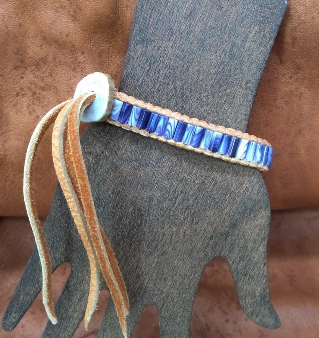 Massachusetts Quahog Wampum Tube Bead Bracelet on Moose Leather W/ Deer ...
