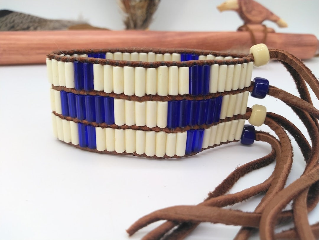 Cobalt Blue & White Glass Wampum Tube Bead Bracelet on Deerskin Leather ...