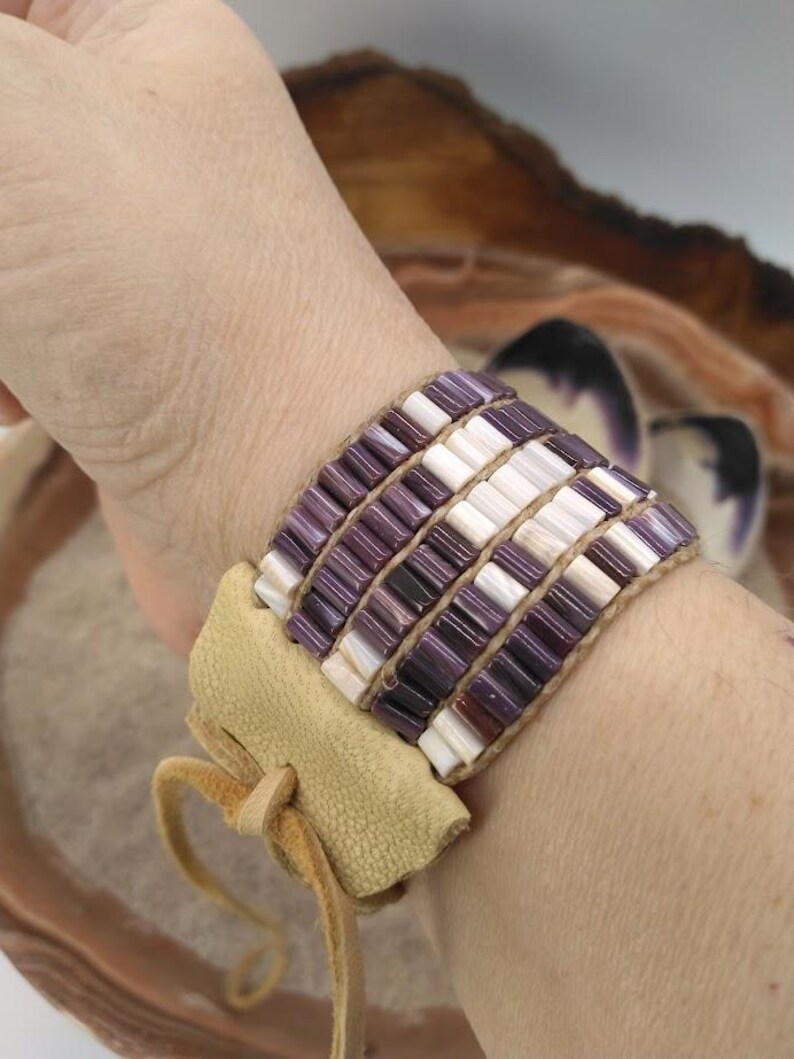 Genuine Massachusetts Quahog Wampum Tube Bead Moose Leather Bracelet ...