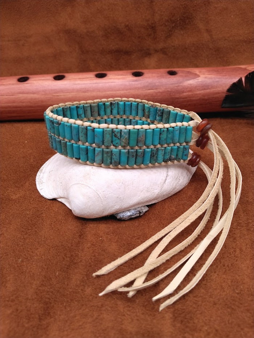 Genuine Campitos Turquoise Tube Bead Bracelet on Smoke Color Deerskin ...