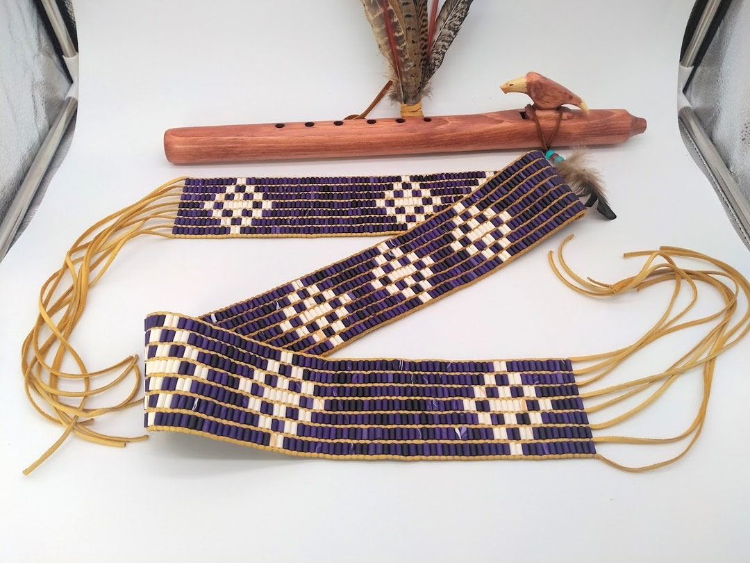 Handmade Purple & White Clay Wampum Belt Woven on Deerskin Leather ...