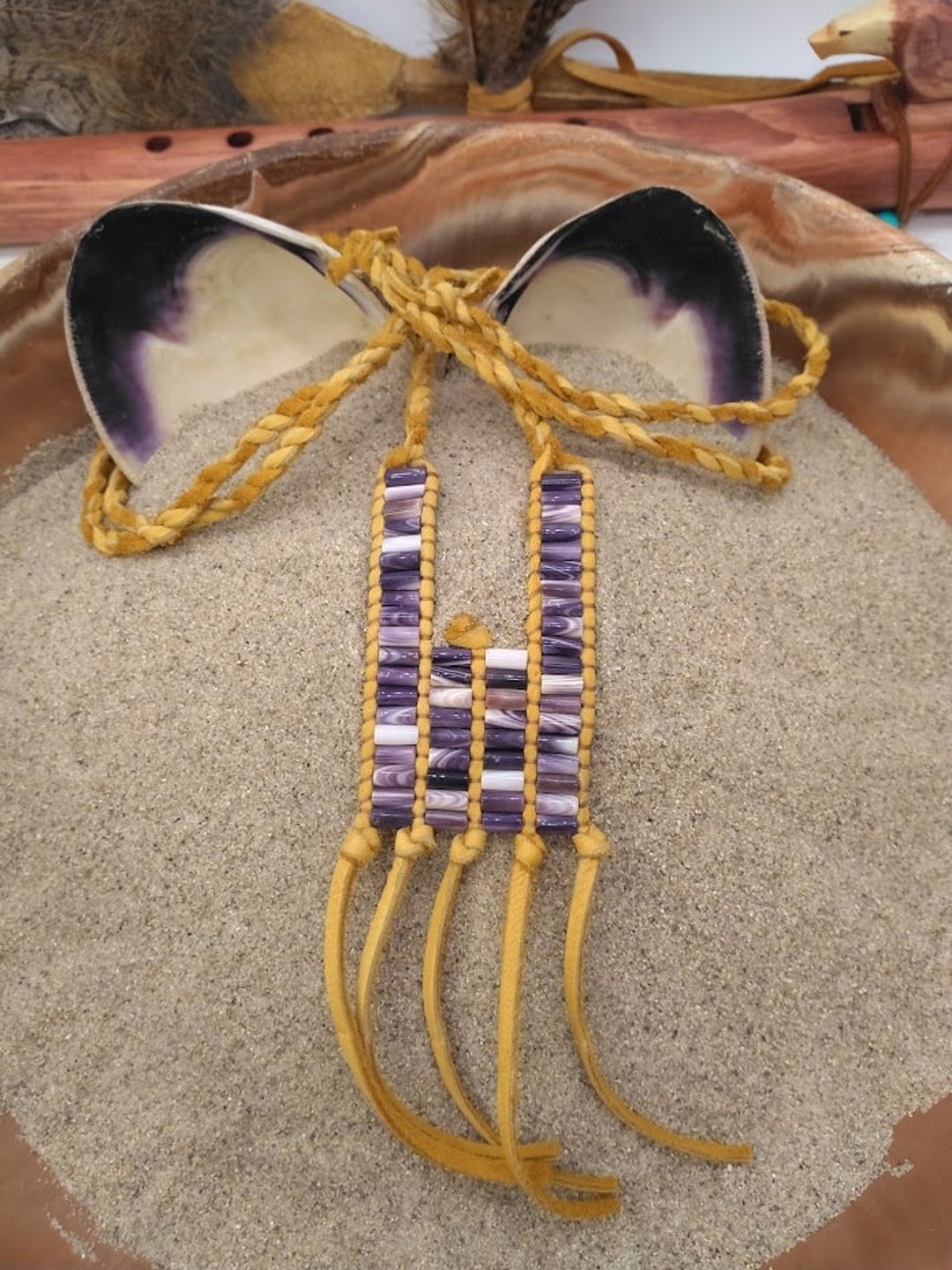 Genuine Handmade Wampum Bead Necklace on Deerskin Leather Lacing ...
