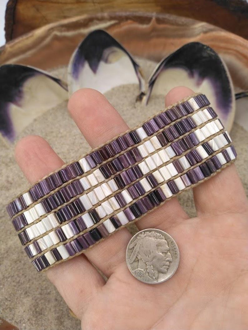 Genuine Massachusetts Quahog Wampum Tube Bead Moose Leather Bracelet ...