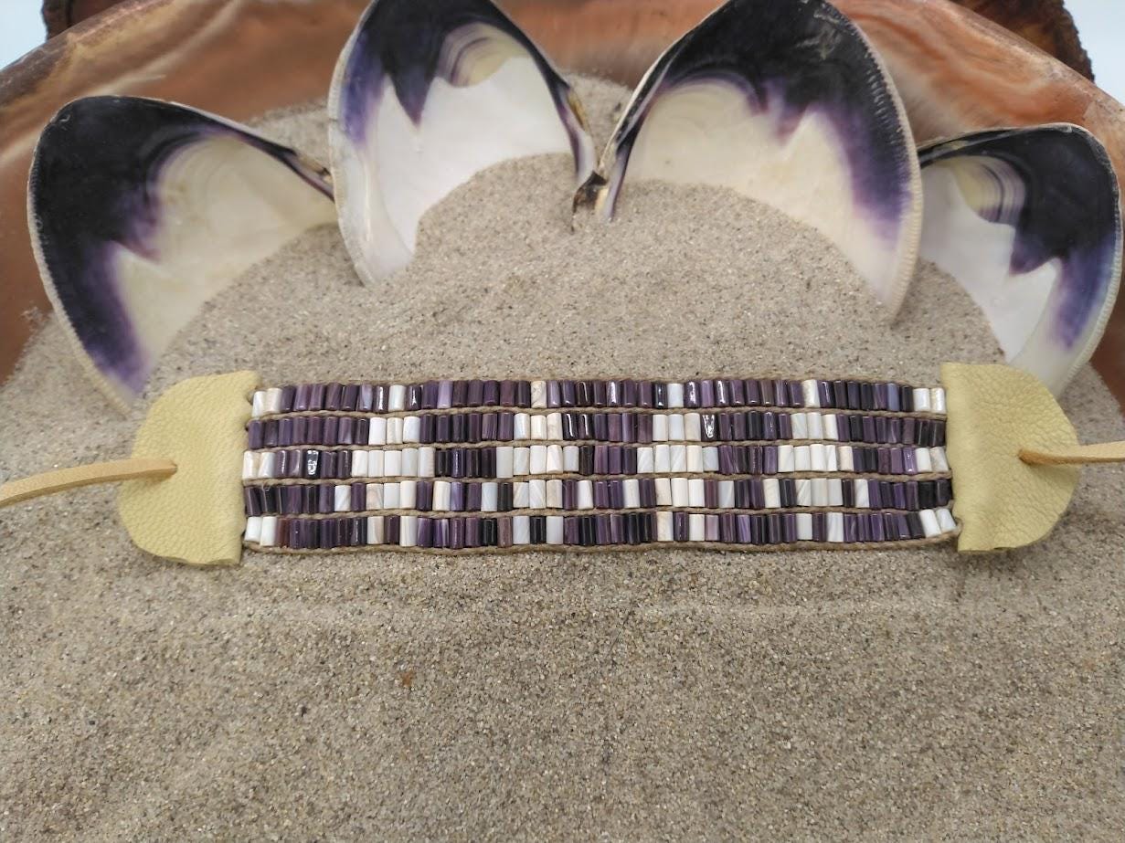 Genuine Massachusetts Quahog Wampum Tube Bead Moose Leather Bracelet ...