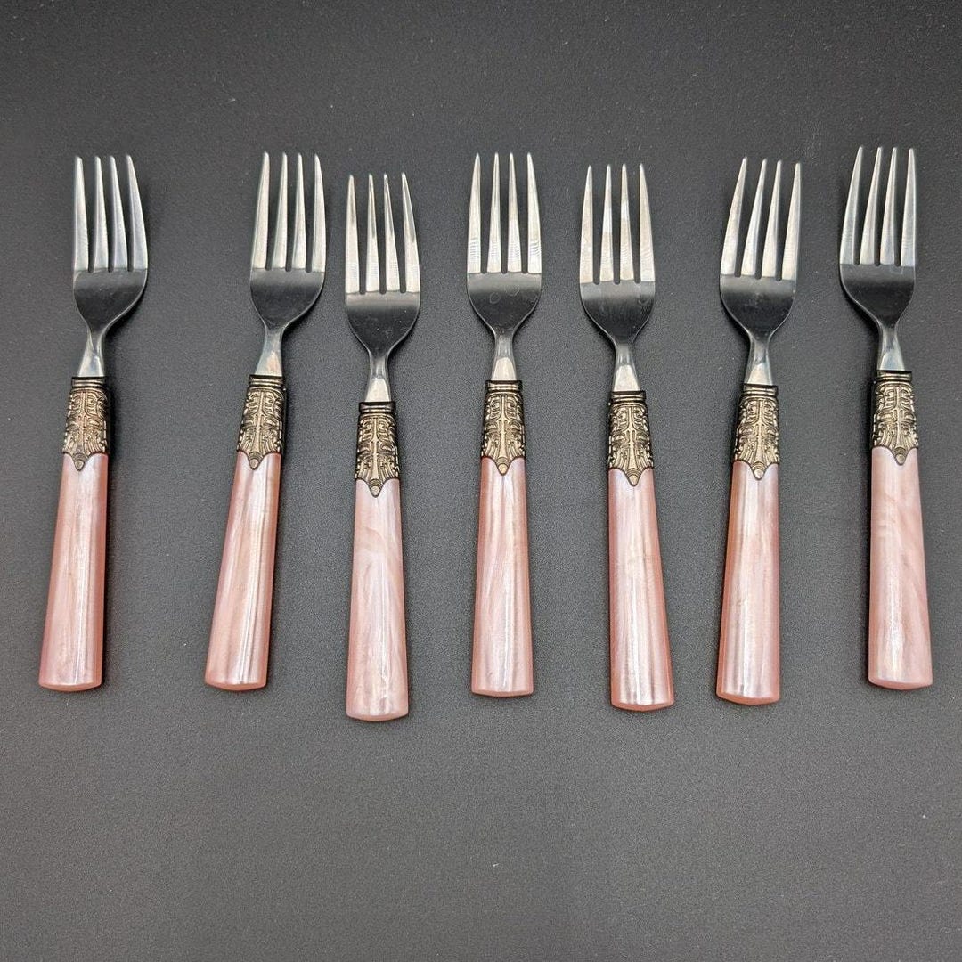 Gibson Roseland Salad Forks Set of 7 Pearlescent Pink Handles Ornate ...