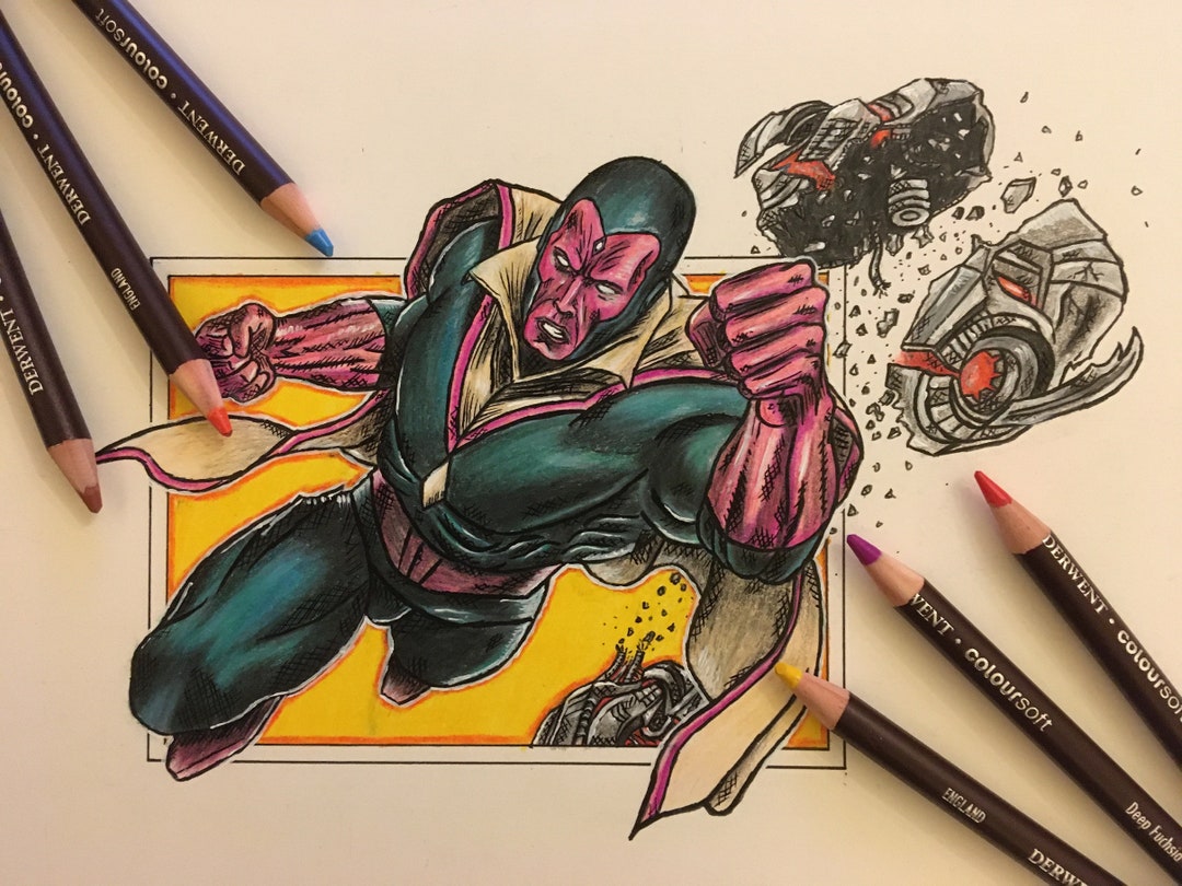 Vision Fighting Ultron Hand Drawn Marvel Art! A4! Pencil and Paint ...