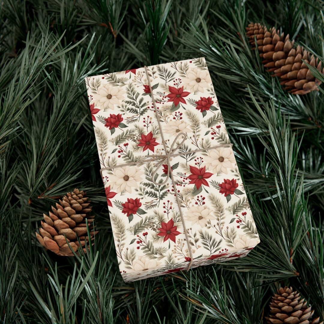 Christmas Wrapping Paper - Cream Winter Botanicals Design - Festive ...