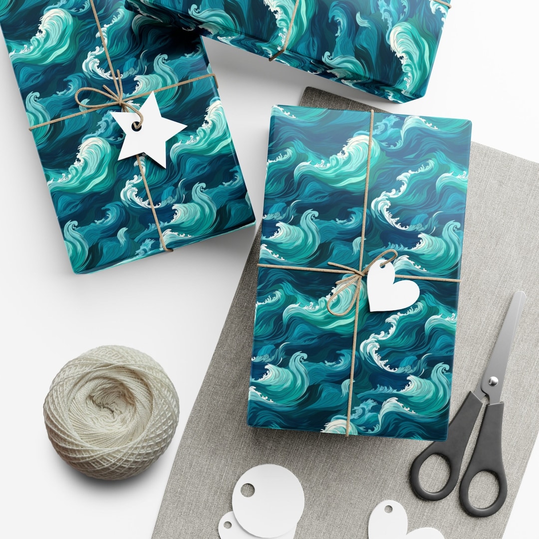 Premium Ocean Waves Wrapping Paper in Teal - Vibrant and Unique Gift ...