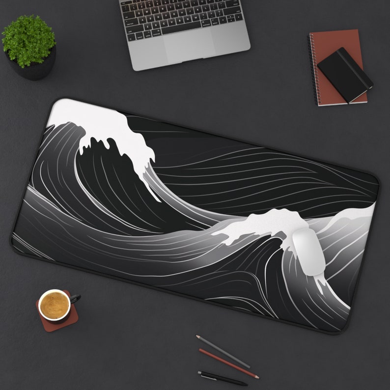 Desk Mat Wave Pattern Black White Desk Mat Japanese Mousepad Minimalist ...