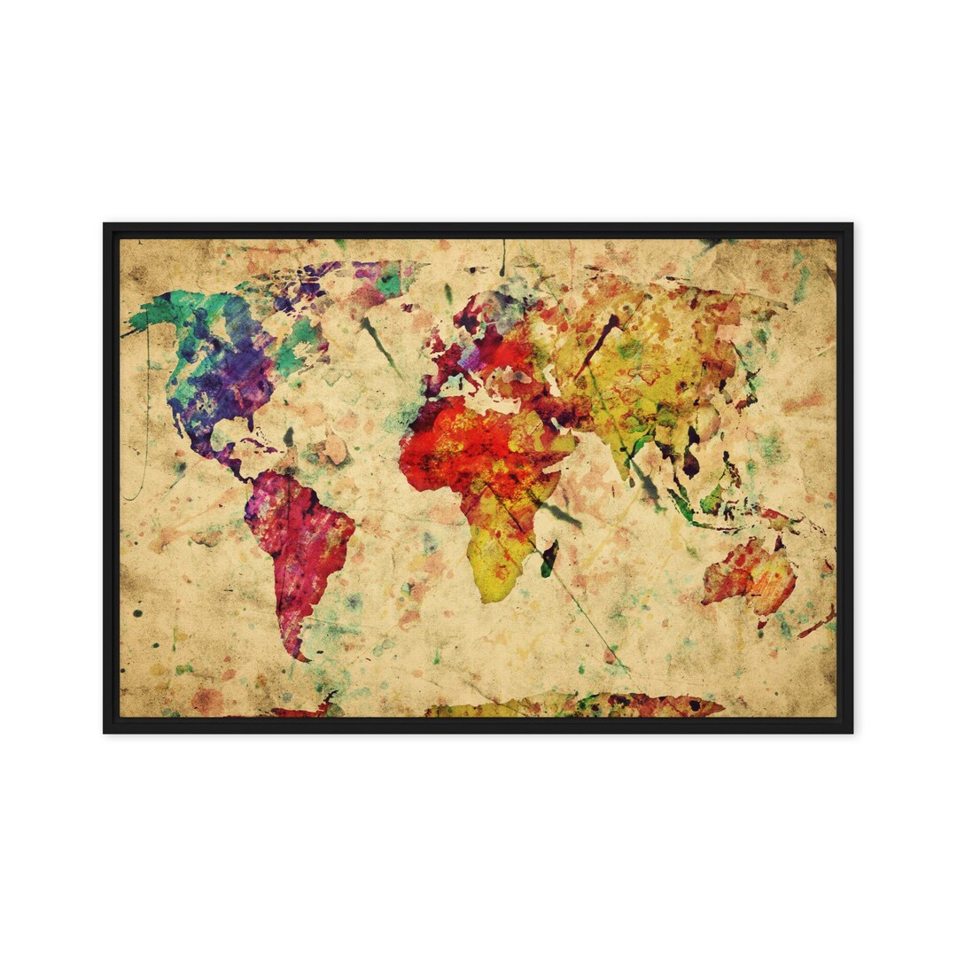 Watercolor World Map | Framed Canvas Art | 24x36 Inch Decor | Travel ...