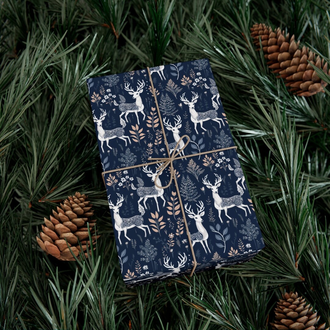 Masculine Navy and White Floral Reindeer Wrapping Paper - Perfect for ...