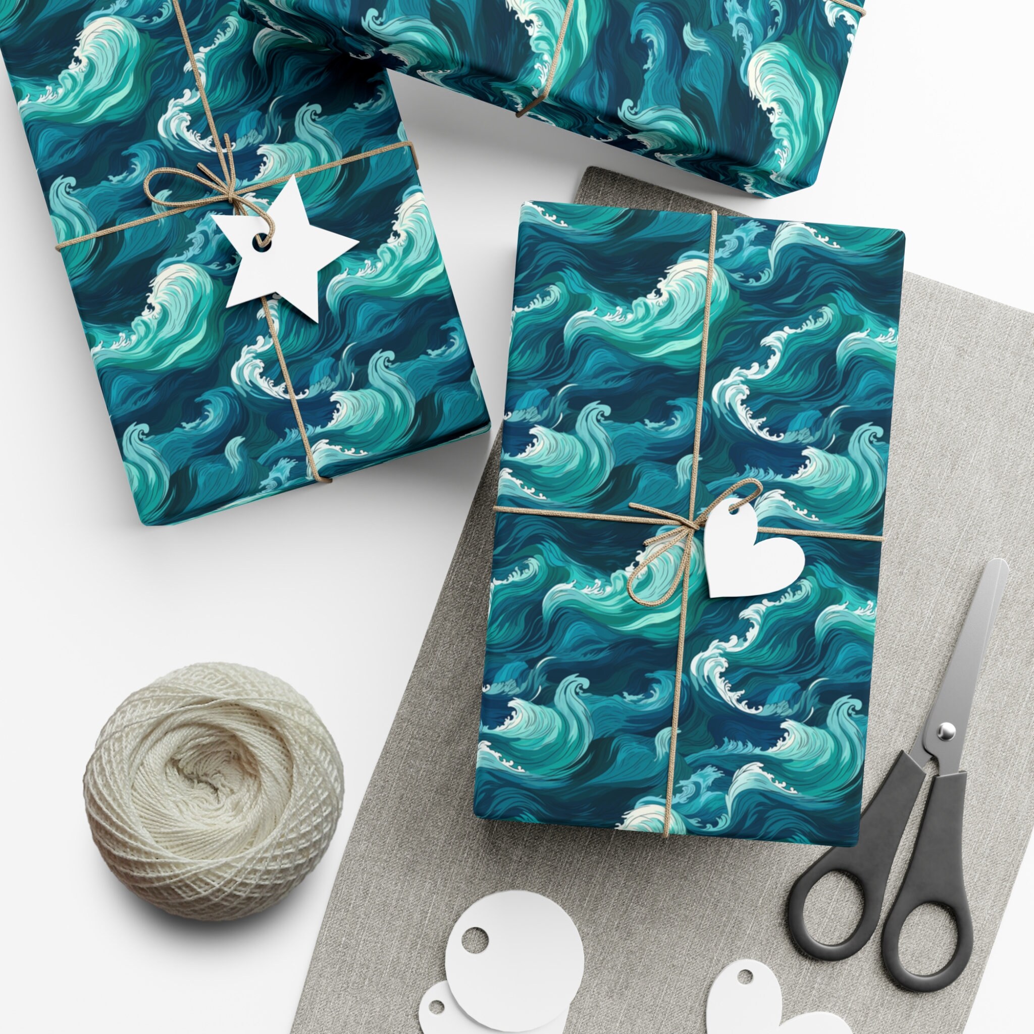 Premium Ocean Waves Wrapping Paper in Teal - Vibrant and Unique Gift ...
