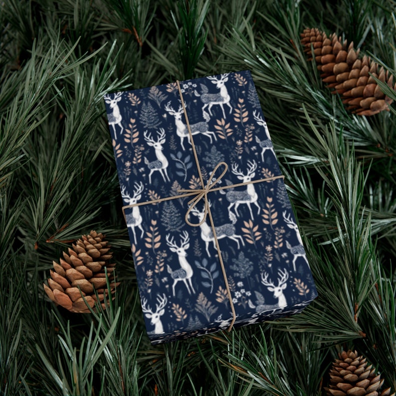 Masculine Navy and White Floral Reindeer Wrapping Paper Perfect for ...