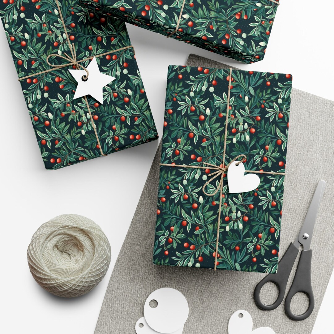 Christmas Wrapping Paper - Illustrated Fine Mistletoe Design, Gift Wrap ...