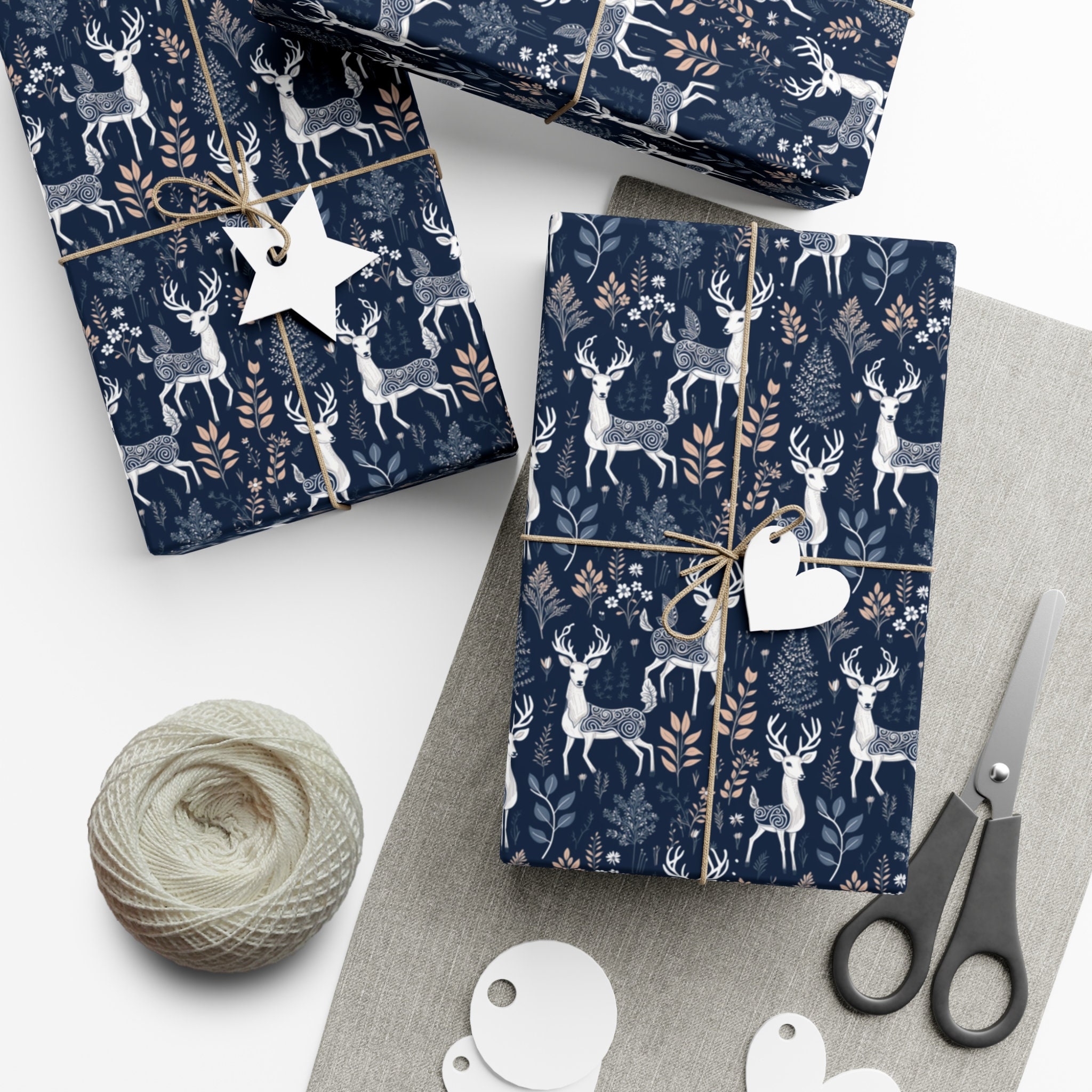 Masculine Navy and White Floral Reindeer Wrapping Paper Perfect for ...