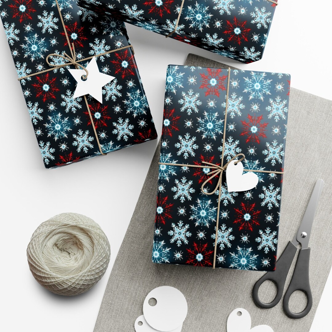 Snowflake Christmas Wrapping Paper - Festive Holiday Gift Wrap - Red ...