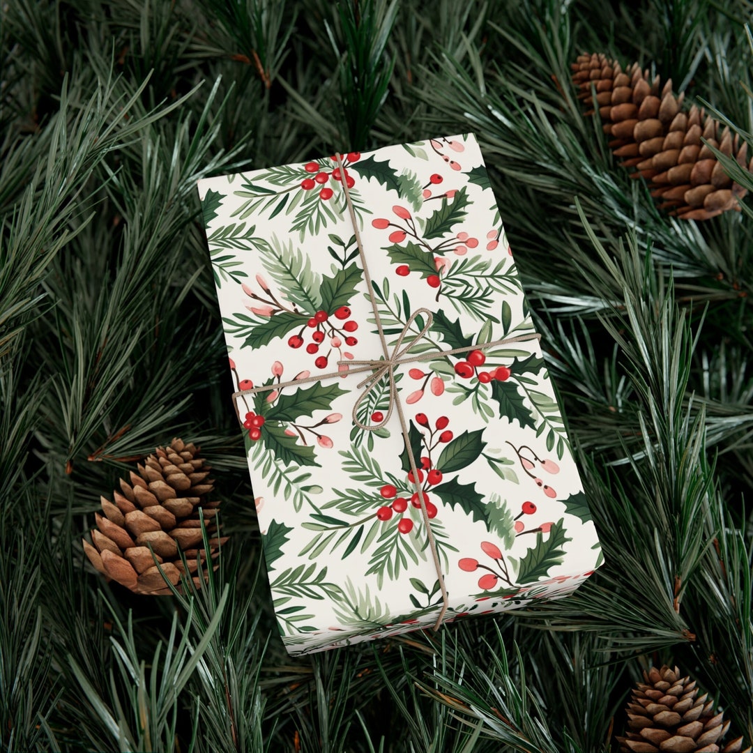 Wrapping Paper Christmas Wrapping Paper Berry Greenery Pine Gift Wrap ...