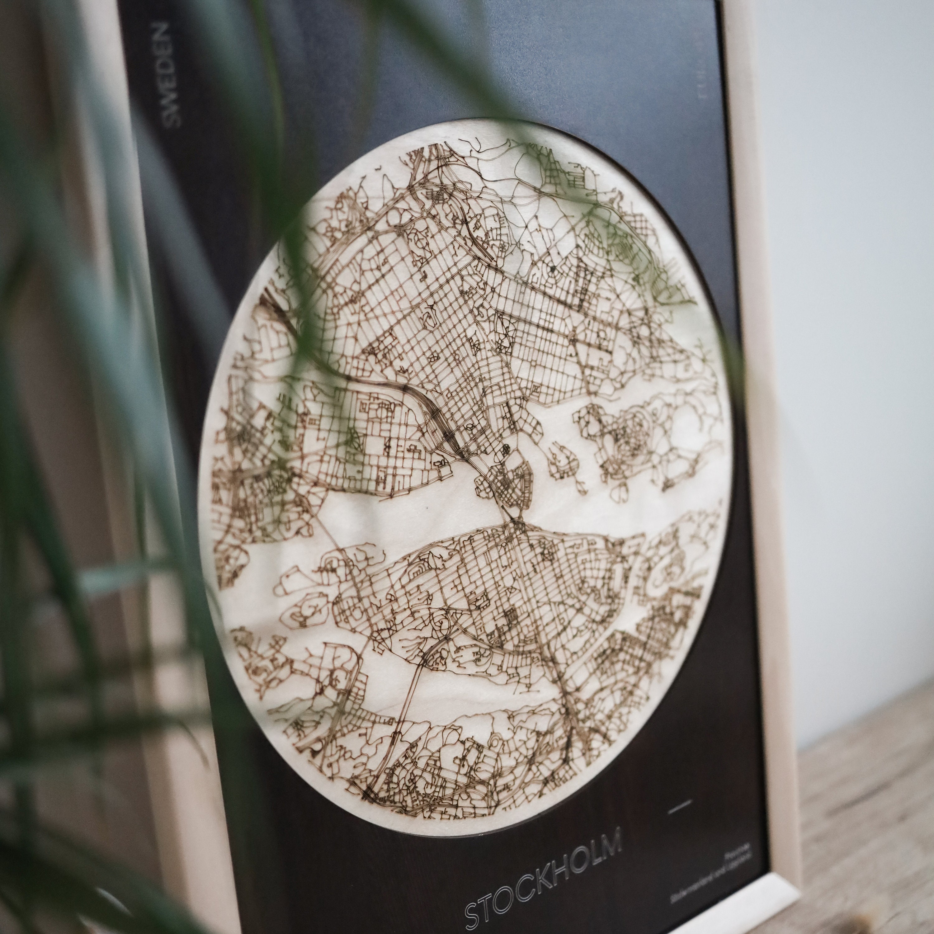 Custom Wooden Map With Laser Cut Elements, Stockholm City Map, Framed ...