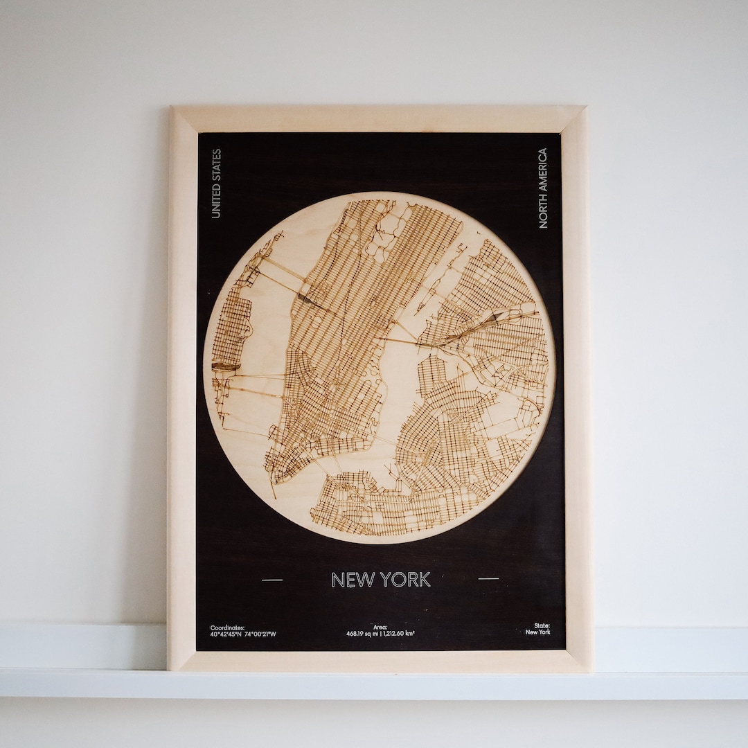 Custom Wood Map, New York City Map, Framed Wooden Map Laser Cut - Etsy