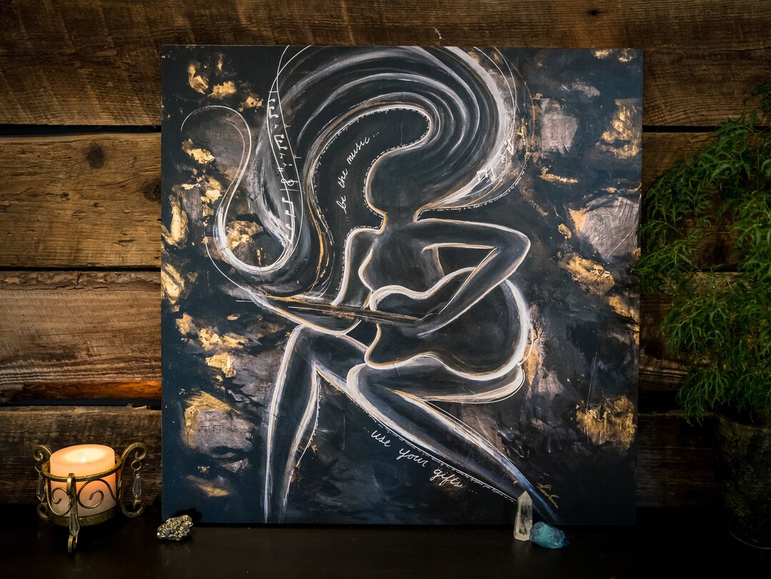Left-handed Guitarist Art: Black & Gold Abstract Painting on Canvas - Etsy
