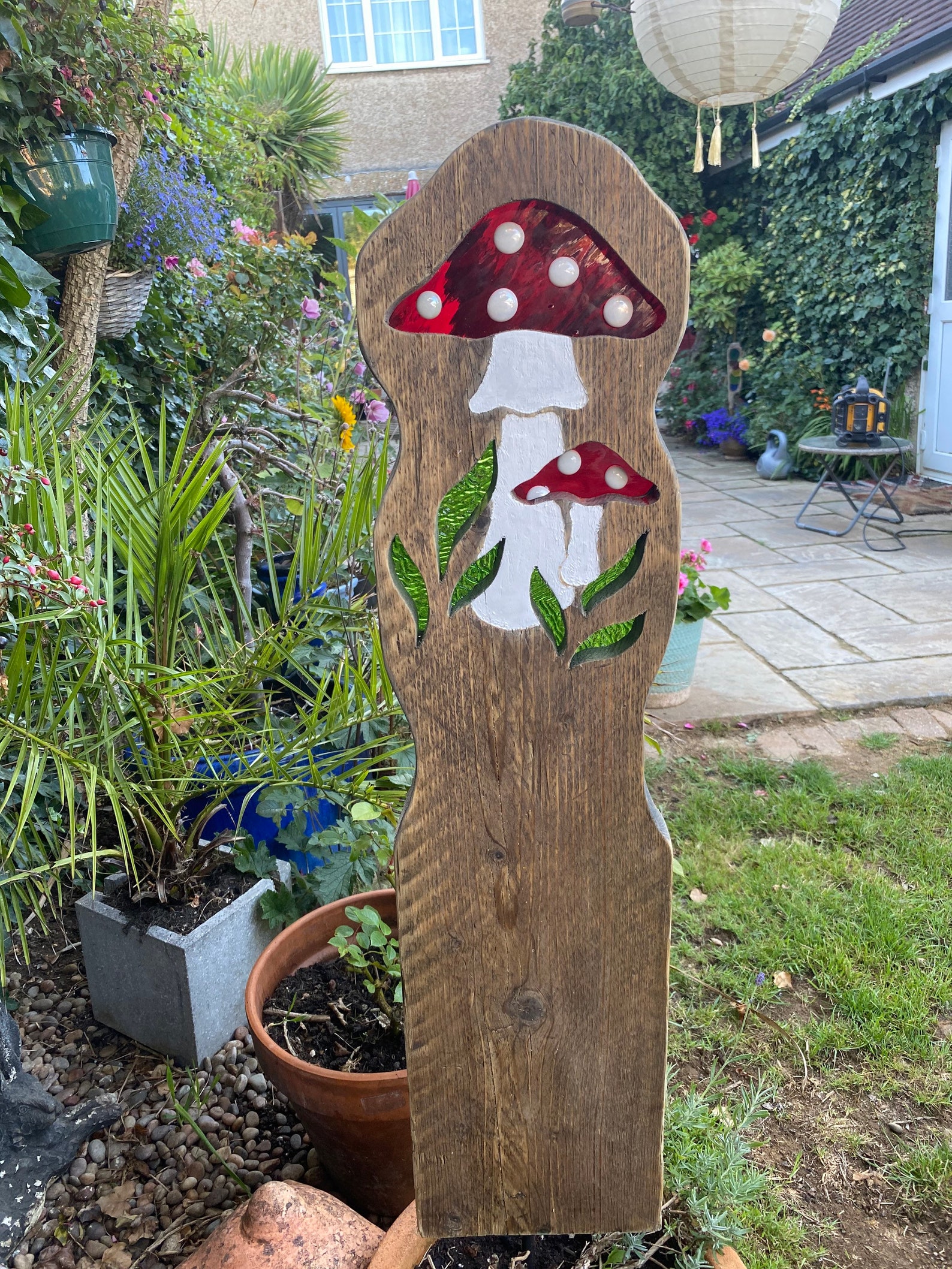 Toadstool sculpture stained glass reclaimed wood art | Etsy